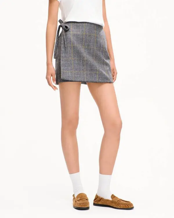 Kenzo Checked Wool Tweed Wrap Mini Skirt