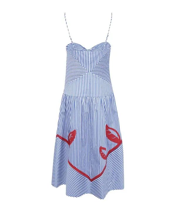 Farm Rio Stripe Print Appliqué Sweetheart Neckline Dress