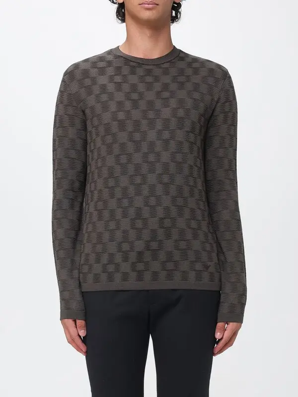Emporio Armani Jacquard Crewneck Jumper In Pure Virgin Wool - Brown