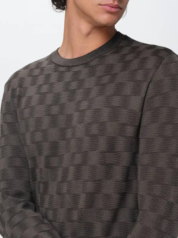 Emporio Armani Jacquard Crewneck Jumper In Pure Virgin Wool - Brown