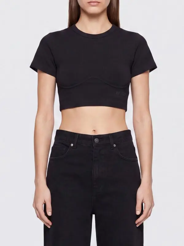 Attico Cropped Cotton T-shirt With Embroidered Logo - Black
