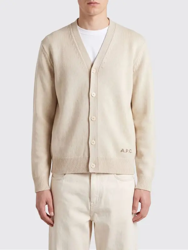A.p.c. Pure Wool V-neck Cardigan With Contrast Logo - Ecru