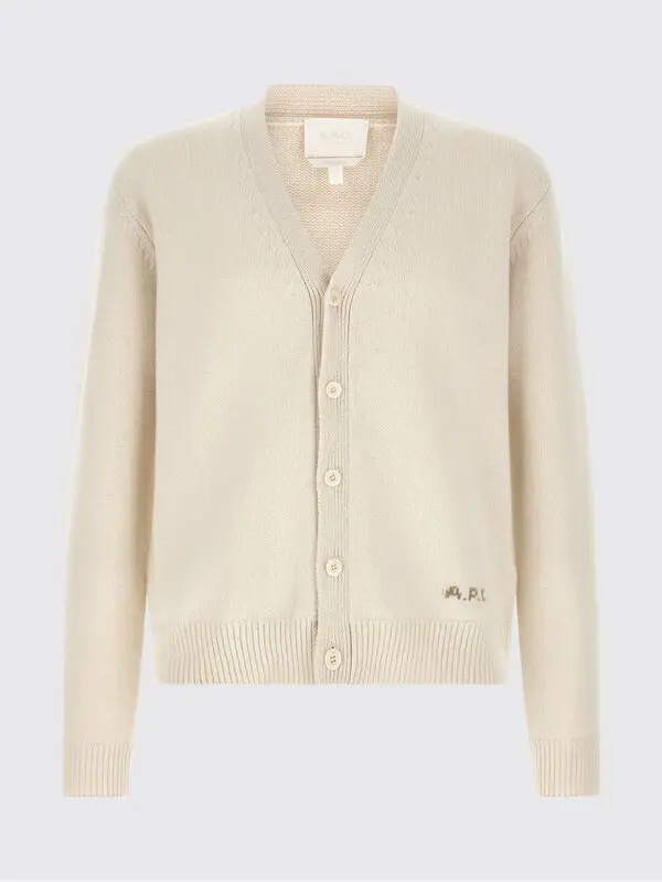 A.p.c. Pure Wool V-neck Cardigan With Contrast Logo - Ecru