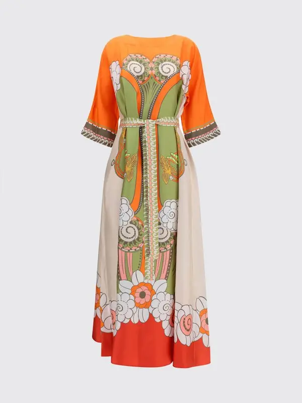 La DoubleJ A-line Long Sleeve Silk Dress With Ethnic Print And Belt - Green