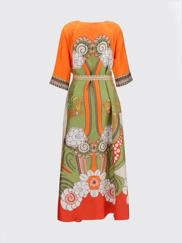 La DoubleJ A-line Long Sleeve Silk Dress With Ethnic Print And Belt - Green