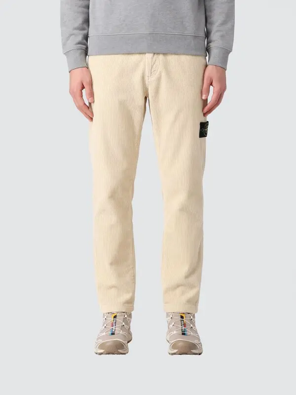 Stone Island Velvet Chino Trousers With Compass Logo Patch - Ivory