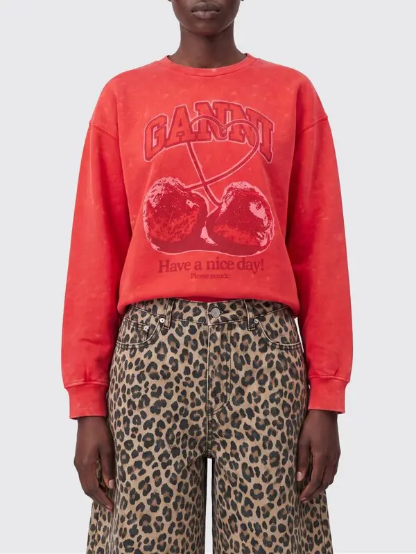 GANNI Cotton Crewneck Sweatshirt With Front Logo And Fruit Print - Red