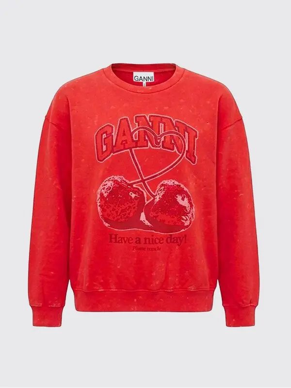 GANNI Cotton Crewneck Sweatshirt With Front Logo And Fruit Print - Red