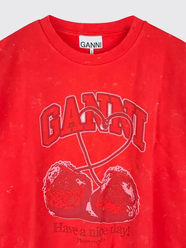 GANNI Cotton Crewneck Sweatshirt With Front Logo And Fruit Print - Red