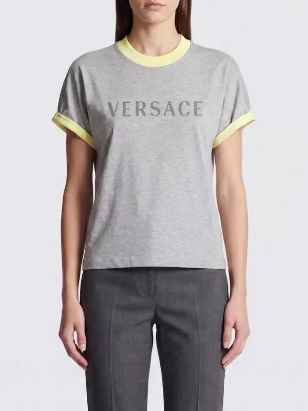 Versace Cotton T-shirt With Printed Logo And Contrast Trims - Grey
