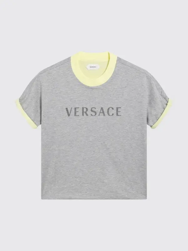 Versace Cotton T-shirt With Printed Logo And Contrast Trims - Grey