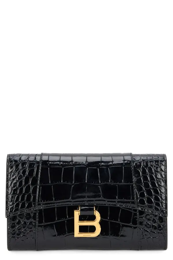 Balenciaga Mini Croc-effect Flap Clutch With Gold-tone Detail - Black