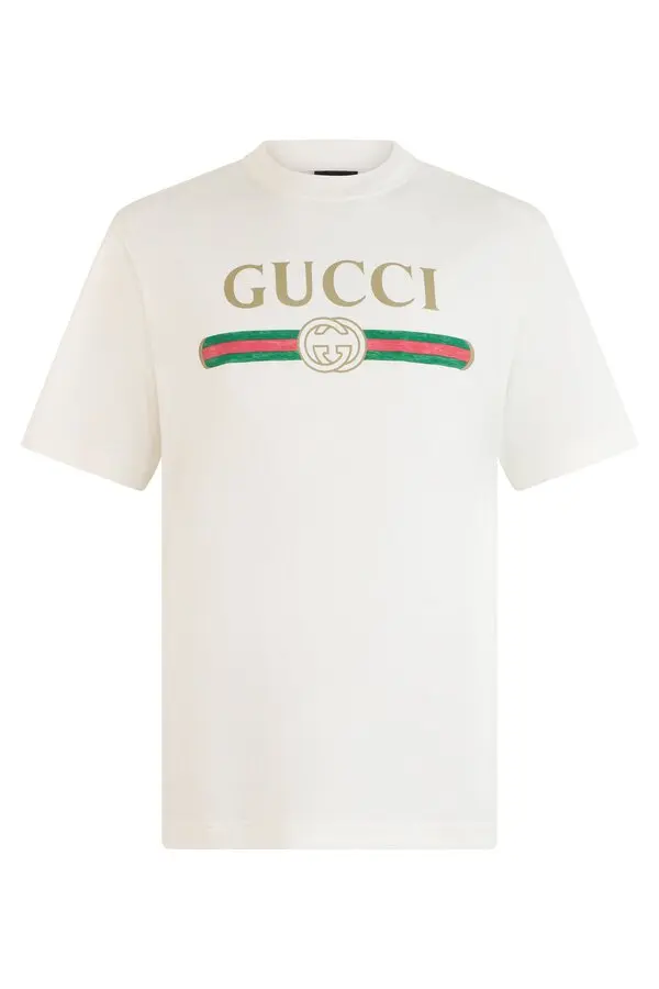 Gucci Style Cotton & Silk Jersey T-shirt With Graphic Logo Print - White