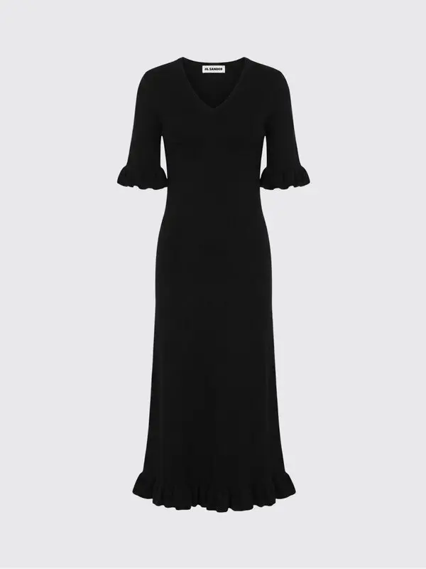 JIL SANDER Knit Midi Dress In Cotton Blend With V-neck And Ruffles