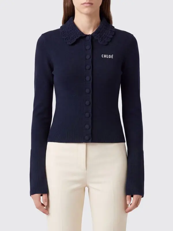 Chloé Slim Fit Wool Polo Cardigan With Contrasting Logo - Blue