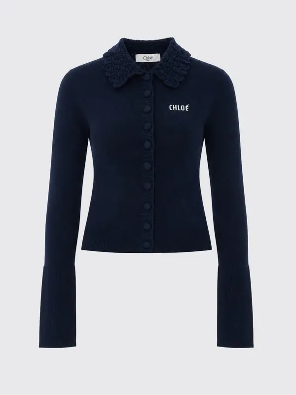 Chloé Slim Fit Wool Polo Cardigan With Contrasting Logo - Blue