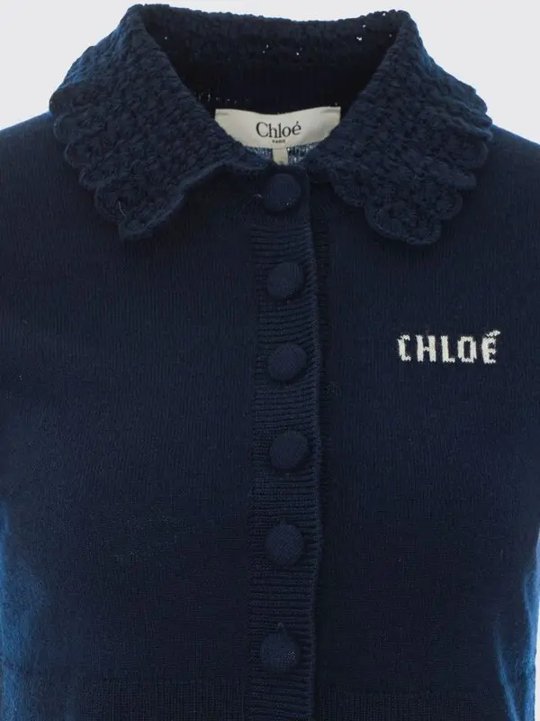 Chloé Slim Fit Wool Polo Cardigan With Contrasting Logo - Blue
