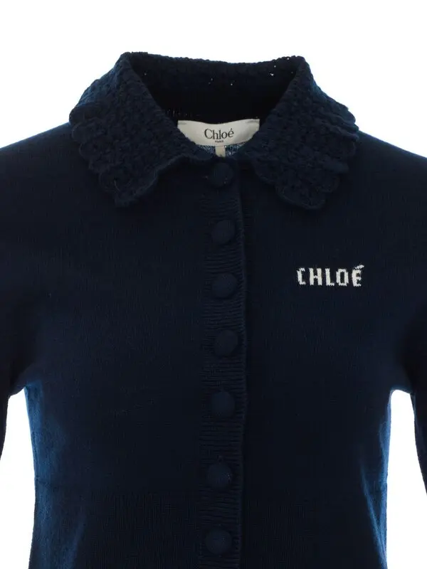 Chloé Slim Fit Wool Polo Cardigan With Contrasting Logo - Blue