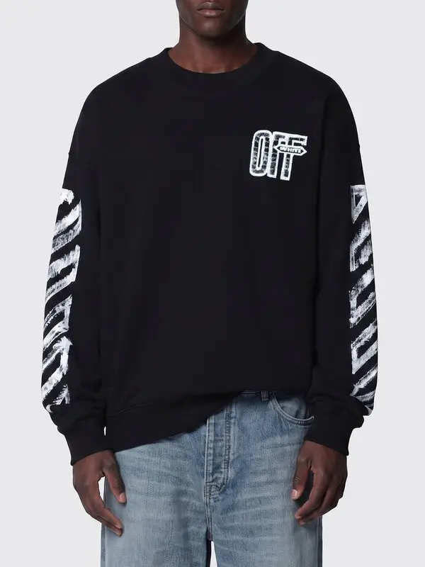 Off-White Diagonals Print Cotton Crewneck Sweatshirt With Back Arrow Logo - Black