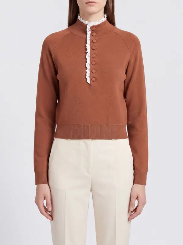 Chloé Cropped Slim Fit Wool Jumper With Ruffles And Embroidery - Brown