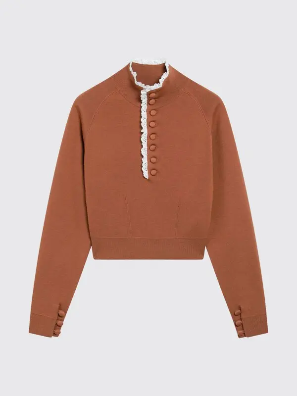 Chloé Cropped Slim Fit Wool Jumper With Ruffles And Embroidery - Brown