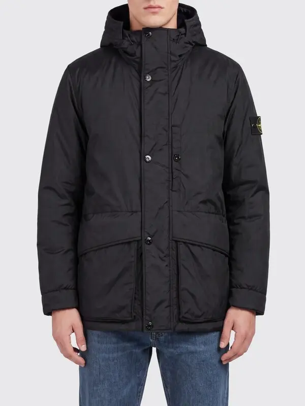 Stone Island Short Water-repellent Parka With Drawstring Hood And Logo Detail - Black
