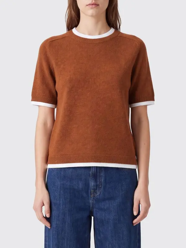 SEMICOUTURE Aida Short-sleeved Wool & Cashmere Jumper With Contrast Trims - Brown