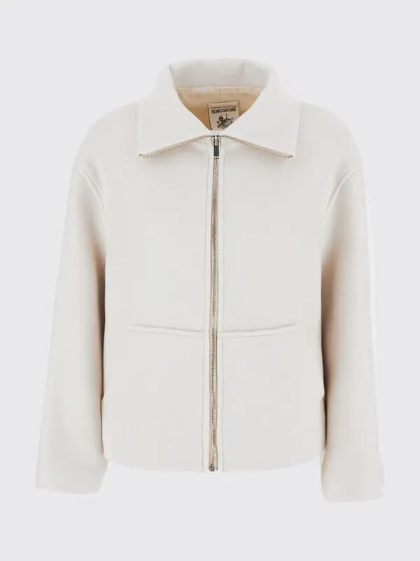 SEMICOUTURE Virgin Wool Short Coat With High Collar And Kangaroo Pocket - White