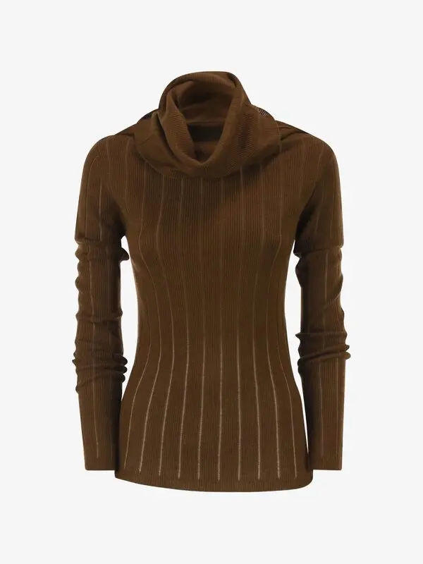 Max Mara Silk And Wool Turtleneck Sweater With Embroidered Details - Marrone