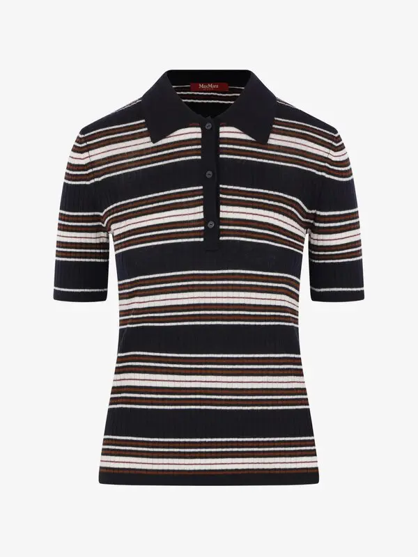 Max Mara Striped Silk-wool Knit Polo With Ribbed Collar - Blu