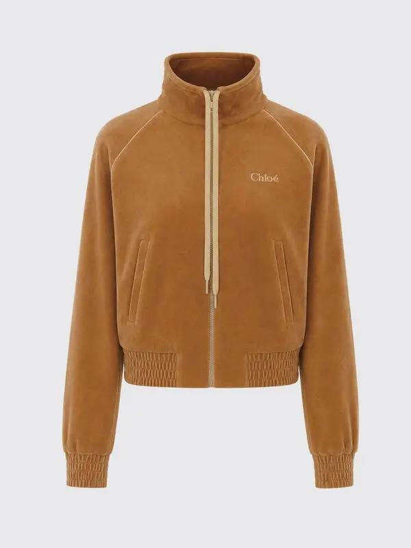 Chloé Cotton Velvet High Neck Zip-up Sweatshirt With Contrast Logo - Beige