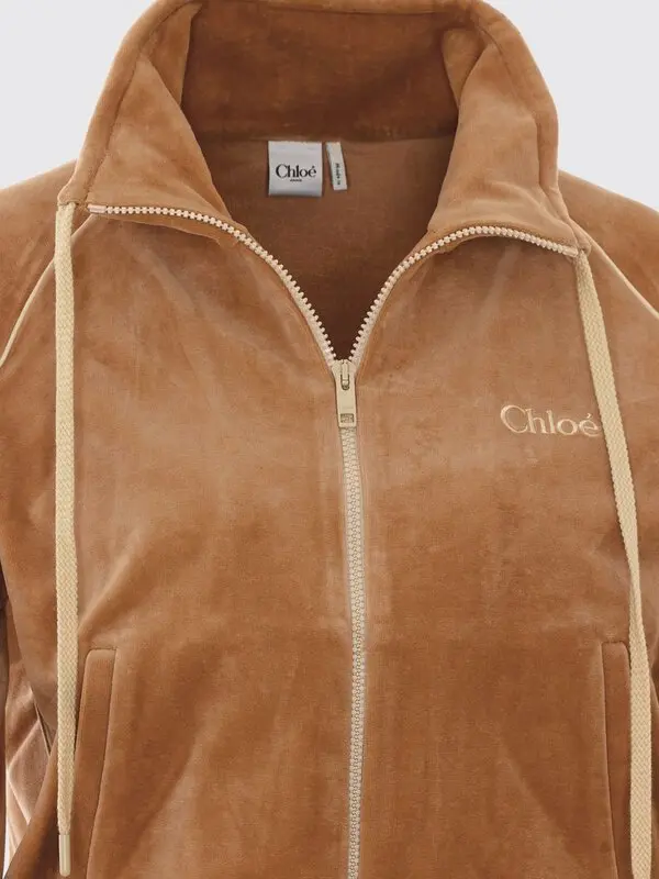Chloé Cotton Velvet High Neck Zip-up Sweatshirt With Contrast Logo - Beige