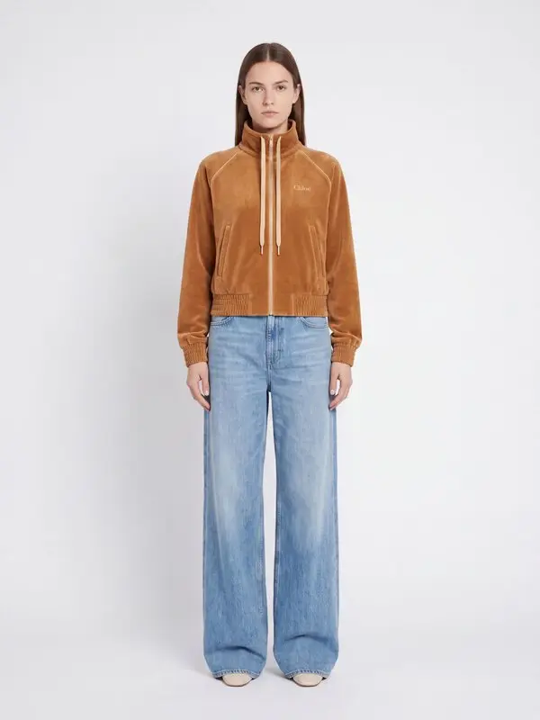 Chloé Cotton Velvet High Neck Zip-up Sweatshirt With Contrast Logo - Beige