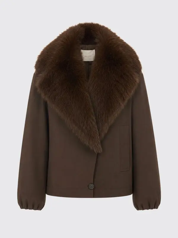 TWINSET Cotton Gabardine Coat With Faux Fur Collar