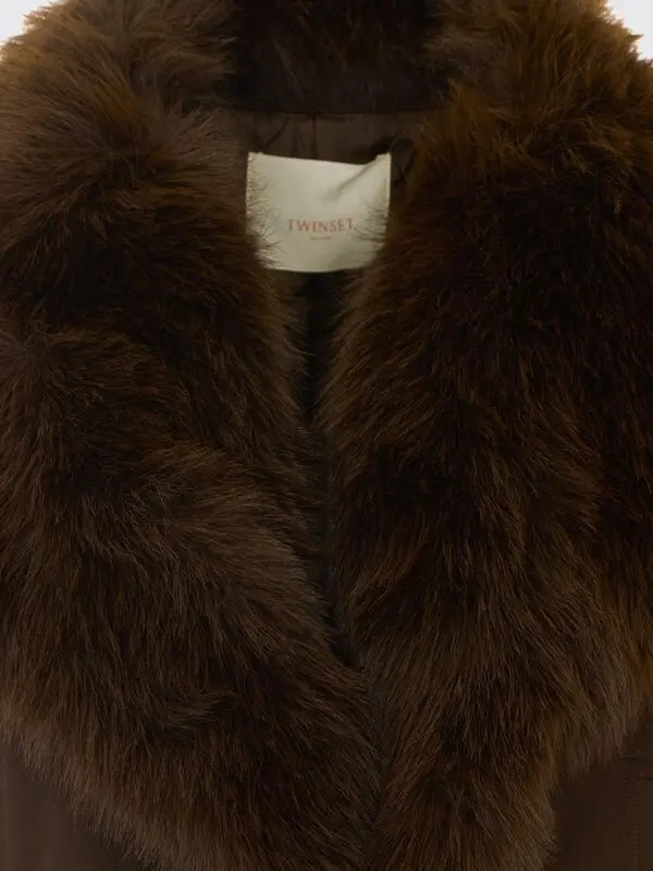 TWINSET Cotton Gabardine Coat With Faux Fur Collar