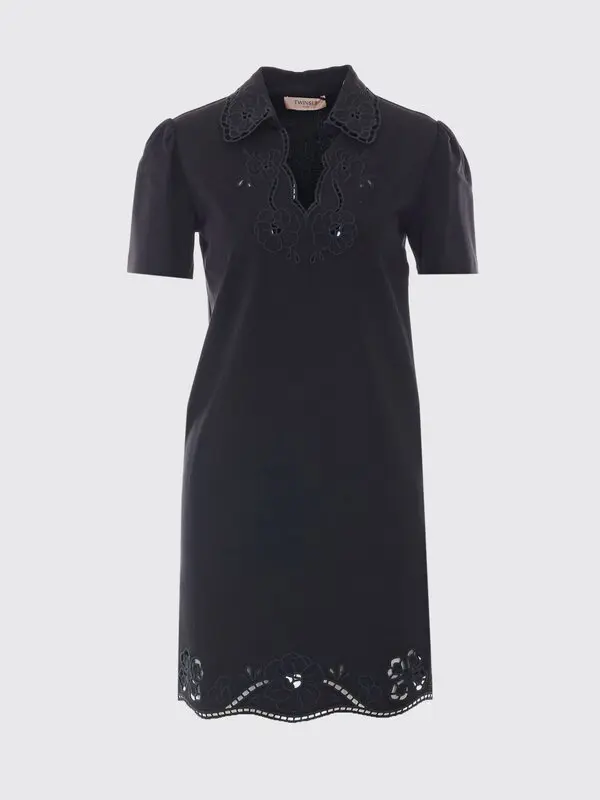 TWINSET Mini Chemisier Dress In Viscose With Embroidered Lace Inserts