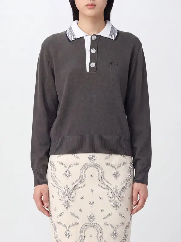 N° 21 Long-sleeved Pure Wool Polo With Contrast Tipping - Green