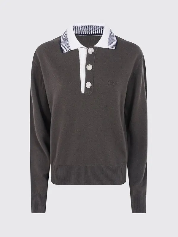 N° 21 Long-sleeved Pure Wool Polo With Contrast Tipping - Green