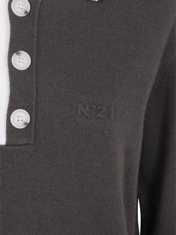 N° 21 Long-sleeved Pure Wool Polo With Contrast Tipping - Green