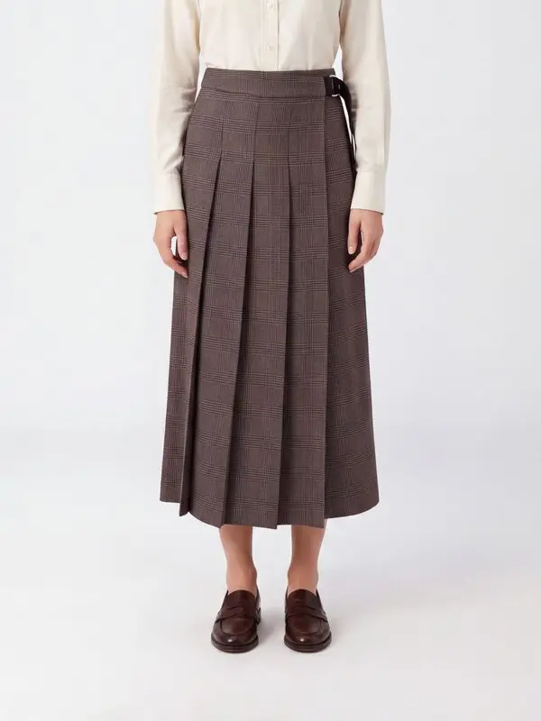 PAROSH Pleated Plaid Midi Skirt With Belt Detail