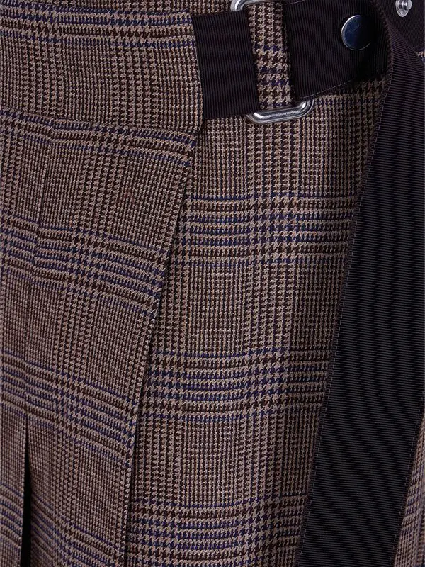 PAROSH Pleated Plaid Midi Skirt With Belt Detail