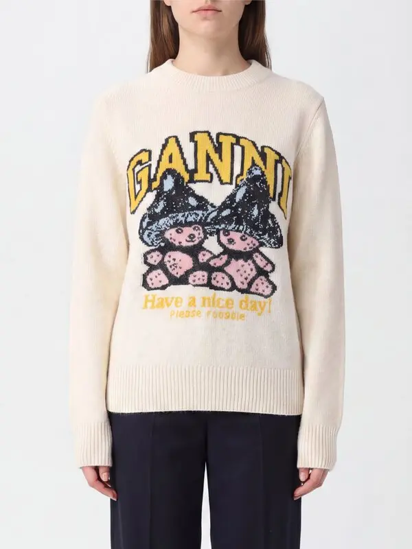 GANNI Slim Fit Recycled Wool Jumper With Logo Print
