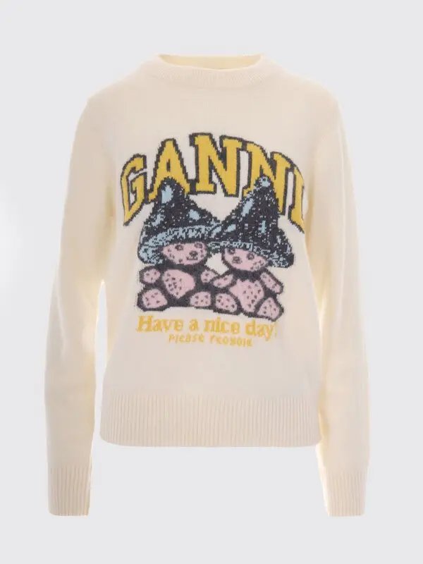 GANNI Slim Fit Recycled Wool Jumper With Logo Print