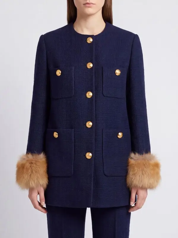 Valentino Garavani Single-breasted Wool Tweed Coat With Fur Cuffs - Blue