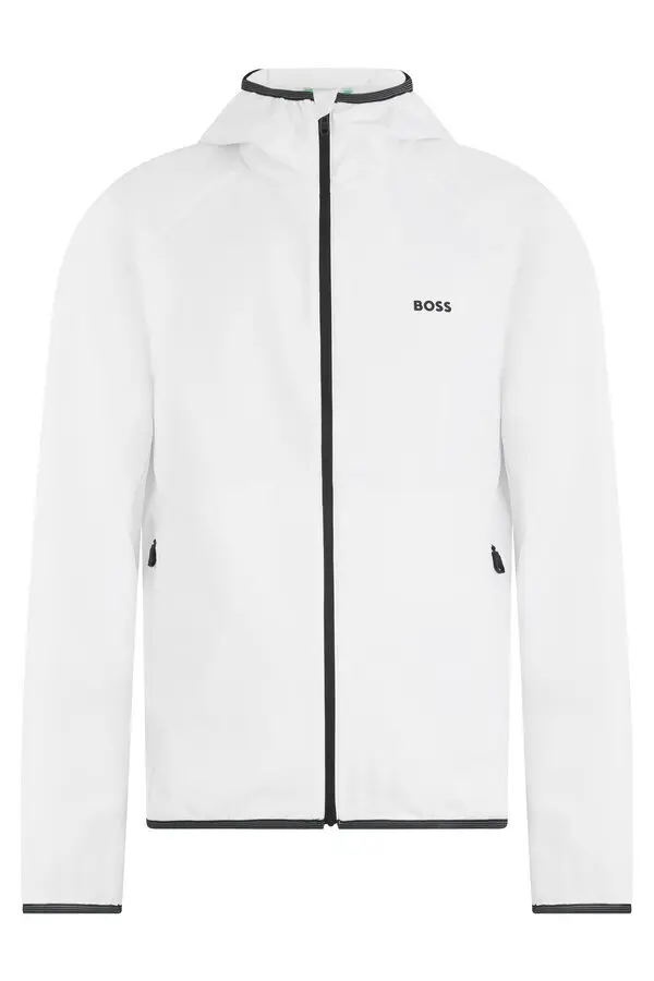 BOSS Waterproof Hooded Zip Jacket With Raised Collar And Zipper Pockets - White