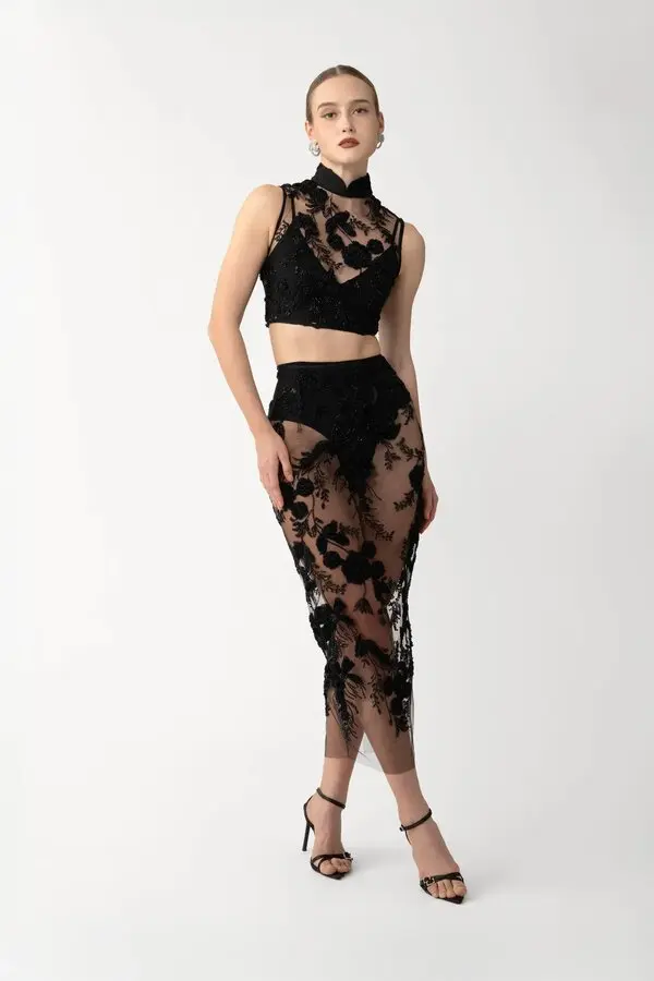 SAU LEE Skye Sheer Floral Sequin Midi Skirt