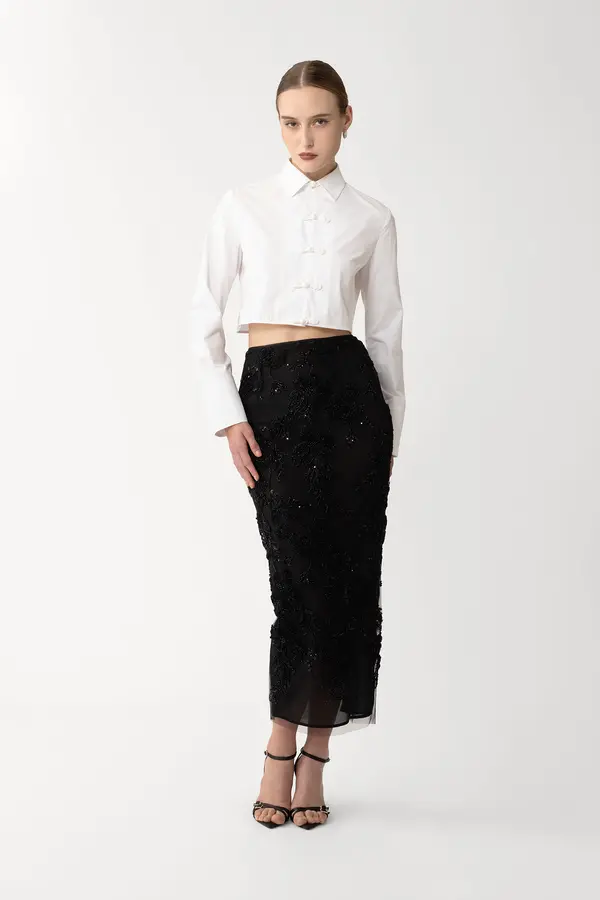 SAU LEE Skye Sheer Floral Sequin Midi Skirt