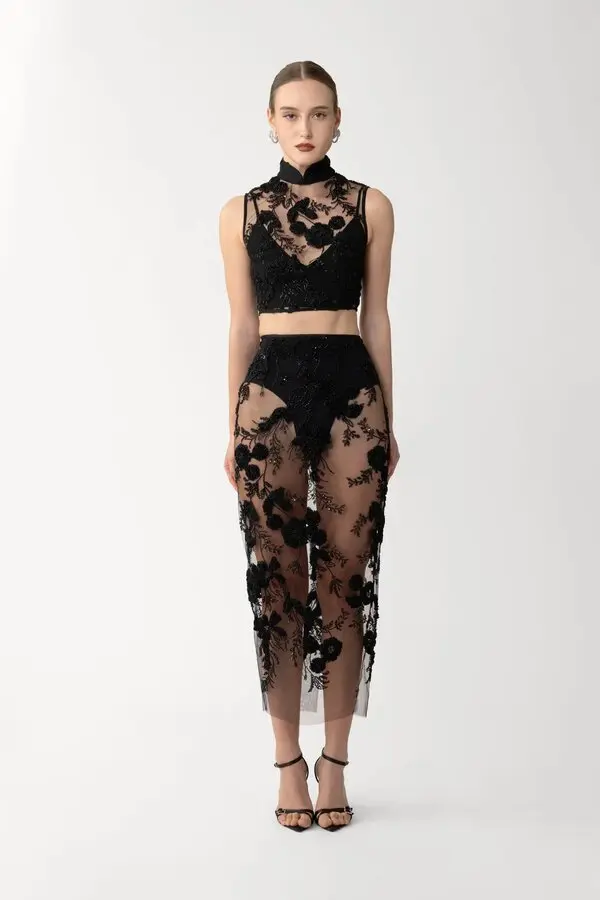 SAU LEE Skye Sheer Floral Sequin Midi Skirt