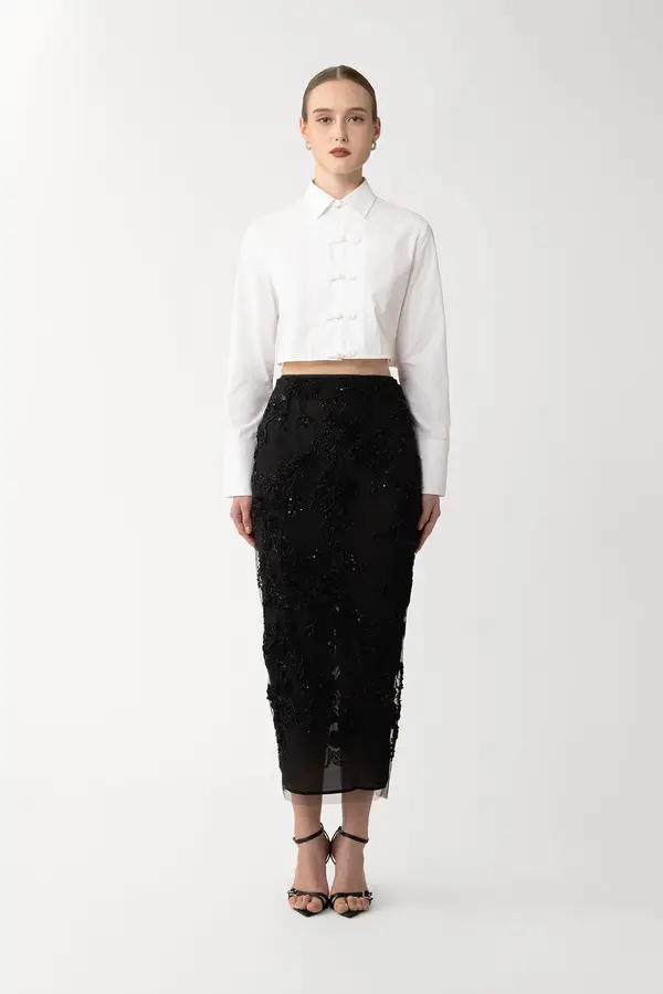 SAU LEE Skye Sheer Floral Sequin Midi Skirt