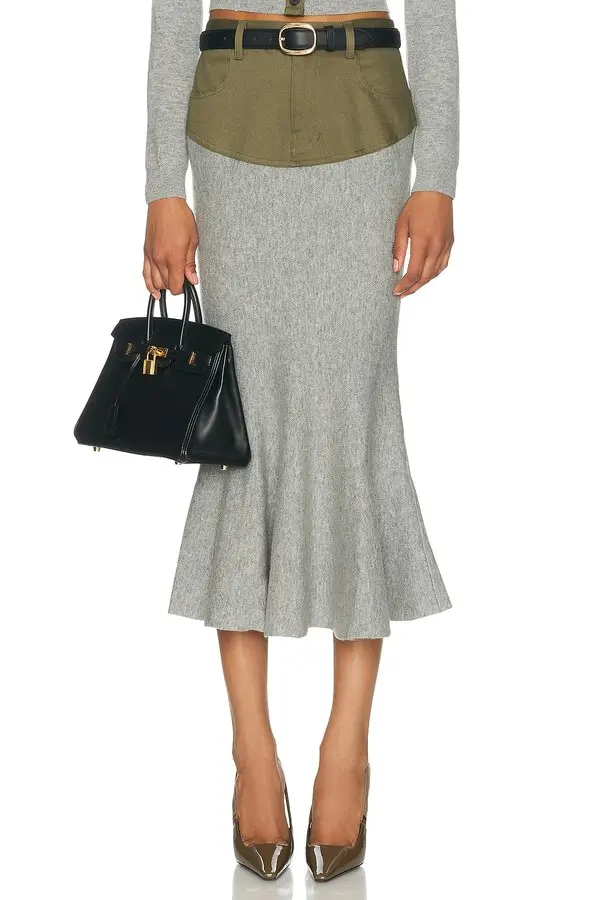 SELF-PORTRAIT Knit Khaki Denim Insert Midi Skirt
